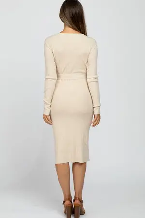 PINKBLUSH Tie Front Maternity Sweater Midi Dress - Beige