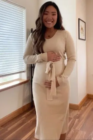 PINKBLUSH Tie Front Maternity Sweater Midi Dress - Beige