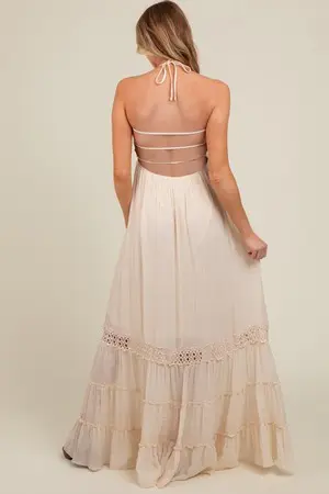 PINKBLUSH Smocked Open Back Maxi Dress - Cream