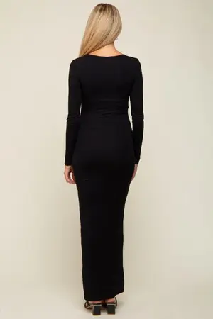 PINKBLUSH Ribbed Long Sleeve Square Neck Maxi Dress - Black