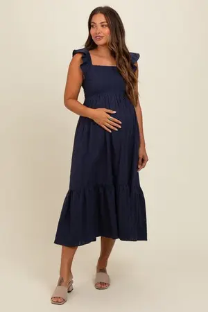 PINKBLUSH Textured Cotton Ruffle Strap Midi Dress