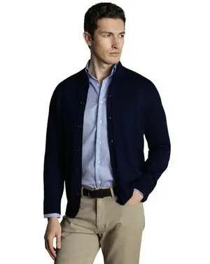 CHARLES TYRWHITT Merino Button Through Funnel Neck Cardigan - Navy