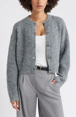 OPEN EDIT Fuzzy Crewneck Cardigan - Grey Medium Heather