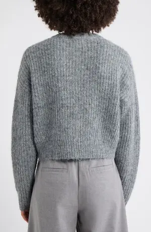 OPEN EDIT Fuzzy Crewneck Cardigan - Grey Medium Heather