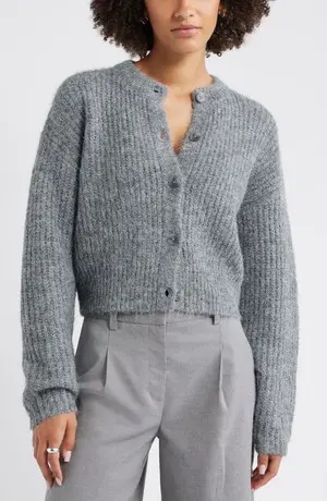 OPEN EDIT Fuzzy Crewneck Cardigan - Grey Medium Heather