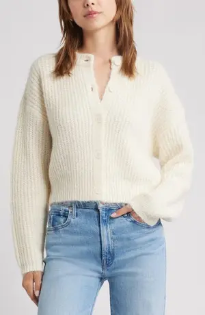 OPEN EDIT Fuzzy Crewneck Cardigan - Ivory