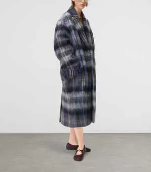 Loewe Mohair-wool Checked Longline Coat - Blue