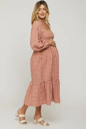 PINKBLUSH Gingham Long Sleeve Maternity Midi Dress - Red