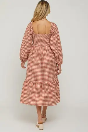 PINKBLUSH Gingham Long Sleeve Maternity Midi Dress - Red