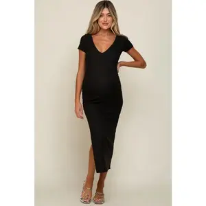 PINKBLUSH Ribbed Side Slit Maternity Midi Dress Black
