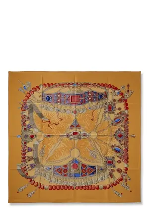 HERMÈS Orange & Multicolor 'terres Precieuses' Silk Scarf 90