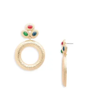 Aqua Three Stone Circle Drop Earrings - Gold