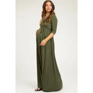 PINKBLUSH Draped 3/4 Sleeve Maternity Maxi Dress - Olive Green
