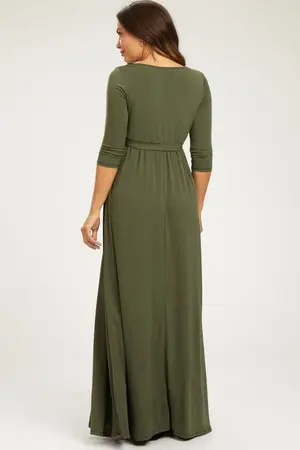 PINKBLUSH Draped 3/4 Sleeve Maternity Maxi Dress - Olive Green