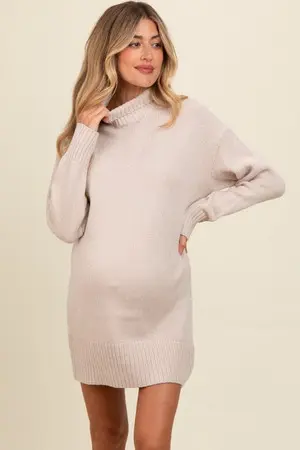 PINKBLUSH Maternity Turtle Neck Mini Sweater Dress - Beige