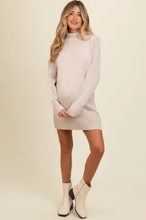 PINKBLUSH Maternity Turtle Neck Mini Sweater Dress - Beige