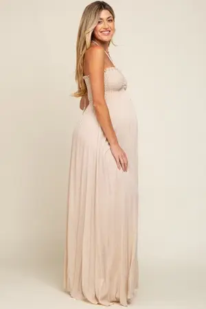 PINKBLUSH Smocked Halter Maxi Dress - Beige