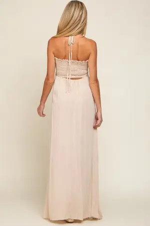 PINKBLUSH Smocked Halter Maxi Dress - Beige
