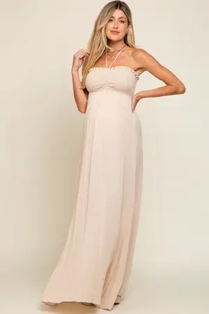 PINKBLUSH Smocked Halter Maxi Dress - Beige