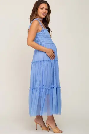 PINKBLUSH Smocked Mesh Maternity Midi Dress