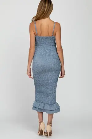 PINKBLUSH Gingham Print Smocked Maternity Midi Dress - Blue