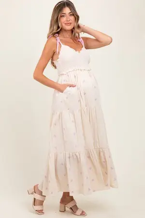 PINKBLUSH Embroidered Smocked Shoulder Tie Maternity Maxi Dress - Cream