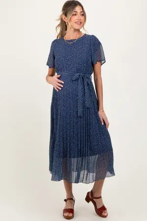 PINKBLUSH Leaf Print Pleated Midi Maternity Dress - Navy Blue