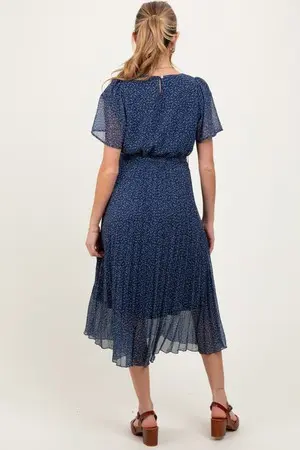 PINKBLUSH Leaf Print Pleated Midi Maternity Dress - Navy Blue