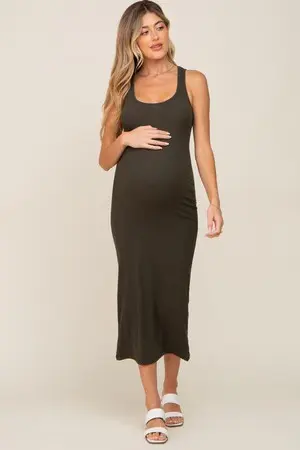 PINKBLUSH Ribbed Basic Maxi Dress - Olive Green