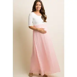 PINKBLUSH Petite Chiffon Colorblock Maternity Maxi Dress - Light Pink
