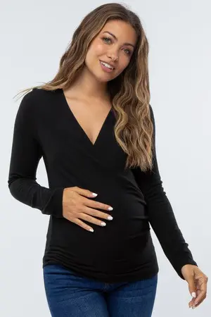 PINKBLUSH Brushed Knit Wrap Front Top - Black