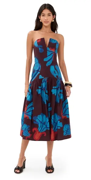 DE LORETA Ariel Floral Print Strapless Midi Dress