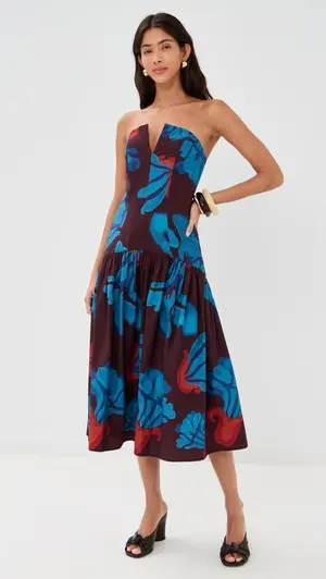 DE LORETA Ariel Floral Print Strapless Midi Dress