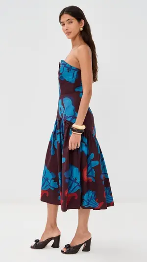 DE LORETA Ariel Floral Print Strapless Midi Dress