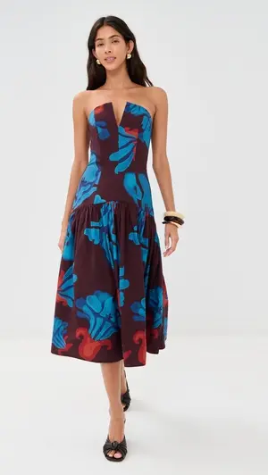 DE LORETA Ariel Floral Print Strapless Midi Dress
