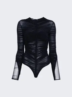 MUGLER Mesh Ruched Bodysuit - Black