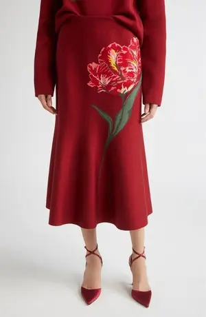 Carolina Herrera Floral Jacquard Flared Skirt - Garnet Multi