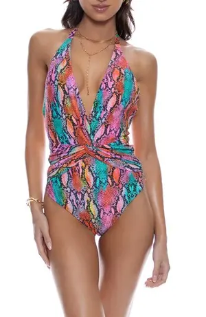 Luli Fama Front Twist Halter One Piece - Multi-purple