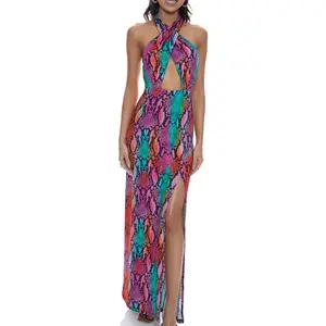 Luli Fama Halter Neck Cut Out Long Dress - Multi-purple
