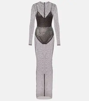 Alex Perry Crystal-embellished Mesh Maxi Dress - Brown