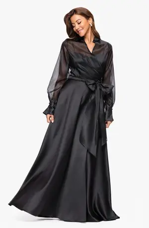 XSCAPE EVENINGS Long Sleeve Organza A-line Gown