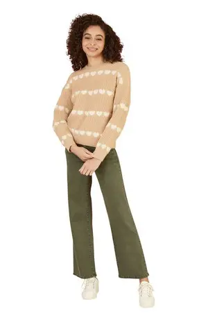 YUMI Knitted Heart Striped Sweater - Oatmeal