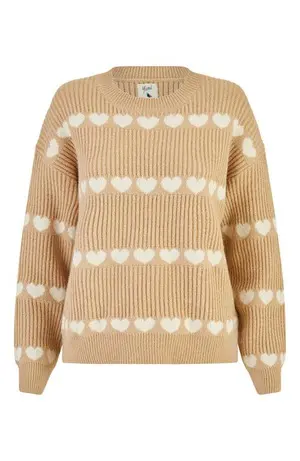 YUMI Knitted Heart Striped Sweater - Oatmeal