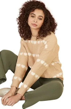 YUMI Knitted Heart Striped Sweater - Oatmeal