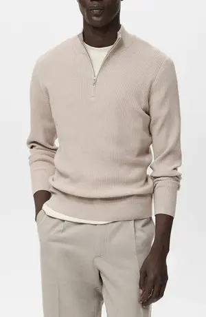 Mango Rib Quarter Zip Sweater - Beige