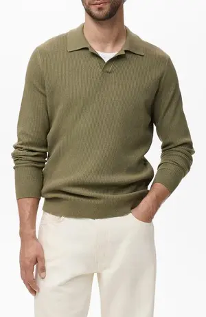 Mango Johnny Collar Ribbed Polo Sweater - Medium Green