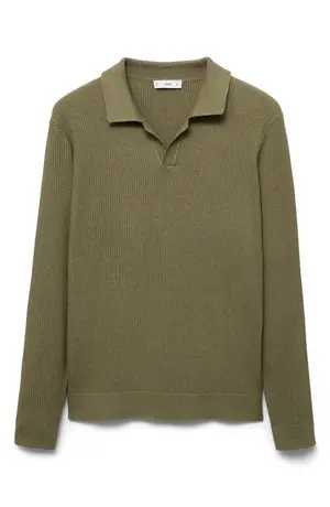 Mango Johnny Collar Ribbed Polo Sweater - Medium Green