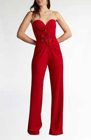 Tadashi Shoji Embroidered Strapless Jumpsuit - Cranberry