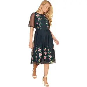 YUMI Embroidered Mesh Sleeve Dress