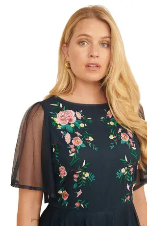 YUMI Embroidered Mesh Sleeve Dress